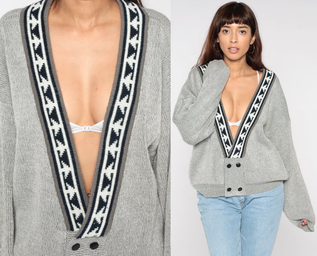 Deep V Neck Sweater 80s Cardigan Grey Geometric Knit Boho | Shop Exile | Tucson, AZ