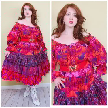1980s Vintage Anna Konya Red and Purple Dress / 80s Floral 1980s Vintage Anna Konya Red and Purple Dress / 80s Floral