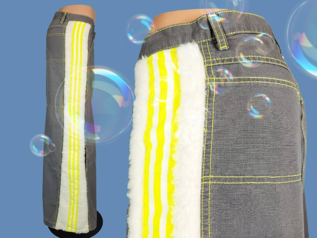 90s furry raver pants! Grey with sherpa & yellow racing stripes. | Bite ...