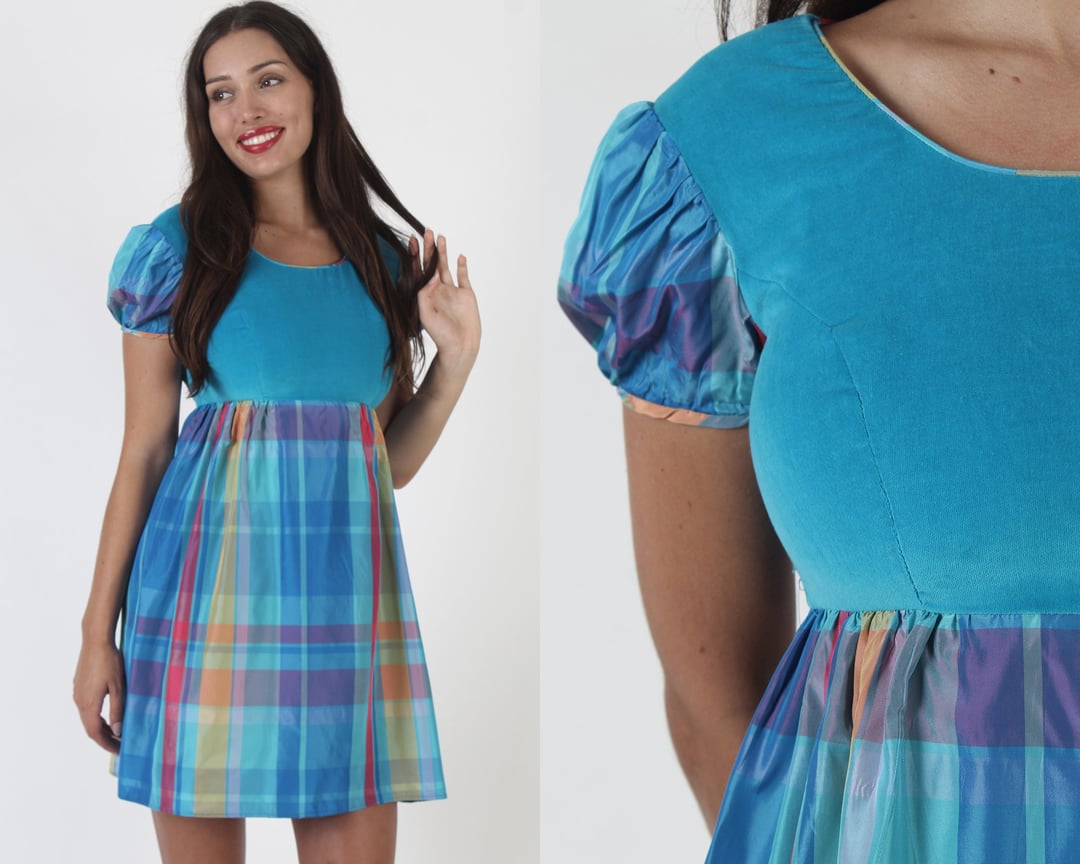 1970s Rainbow Striped Party Dress / Bright Color Teal Velvet Sundress ...