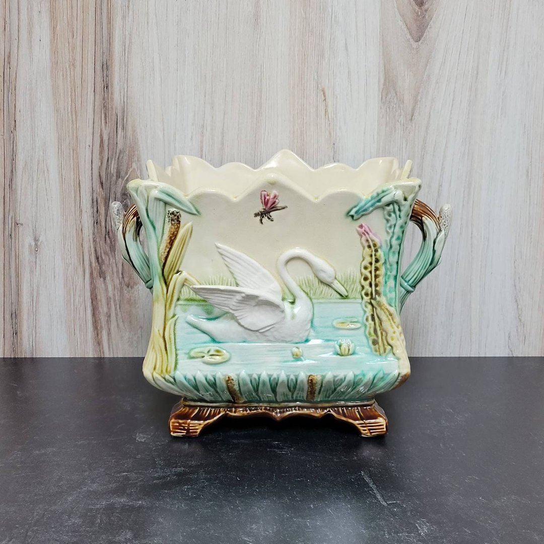 Antique Majolica Footed Cachepot Planter Jardinere - Large Square ...