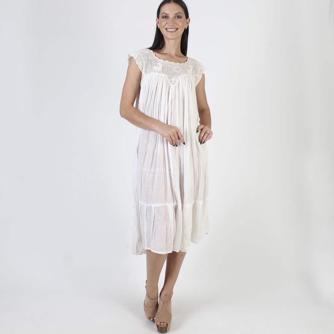 Authentic Mexican White Gauze Dress, Netted Crochet Knit Sundress ...