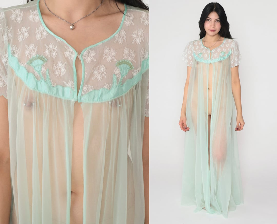 Sheer Green Robe 70s Long Lingerie Jacket Floral Lace Trim | Shop Exile | Tucson, AZ
