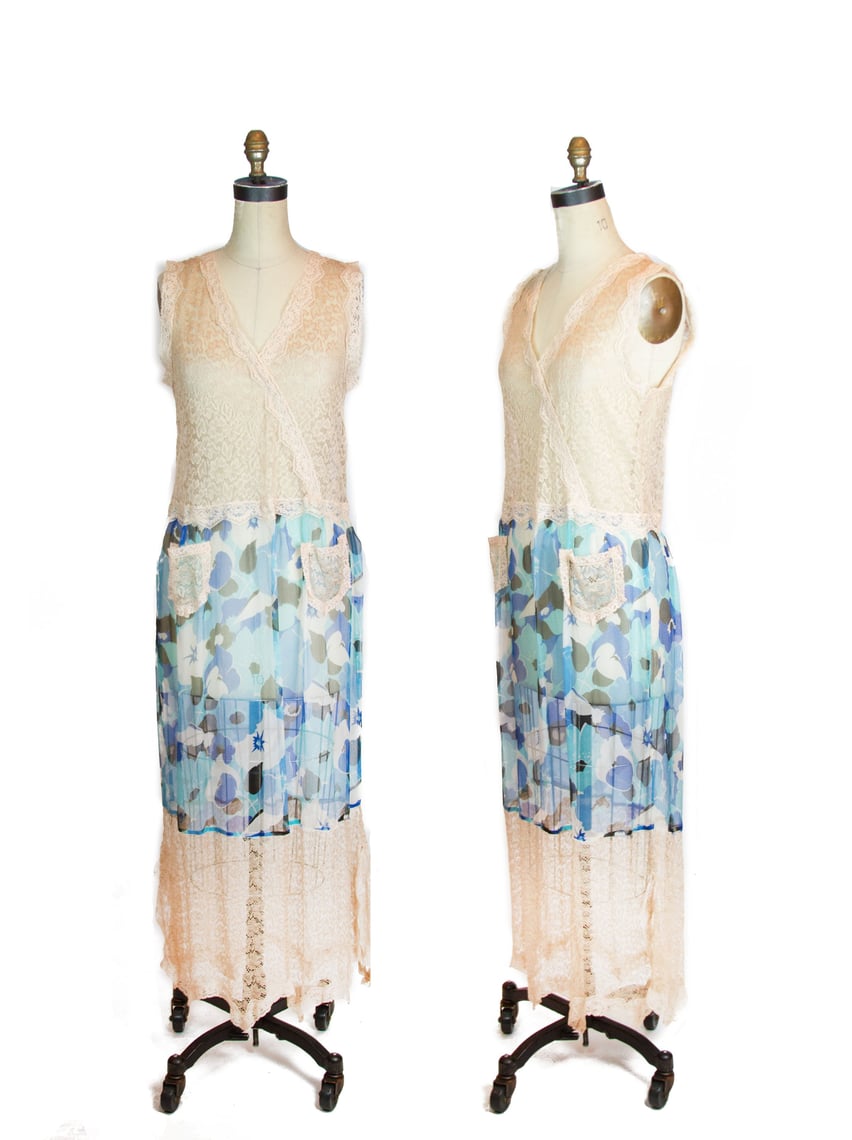 Vintage 1920s Dress ~ Lace and Blue Floral Silk Sheer Dress | Garb Oh ...