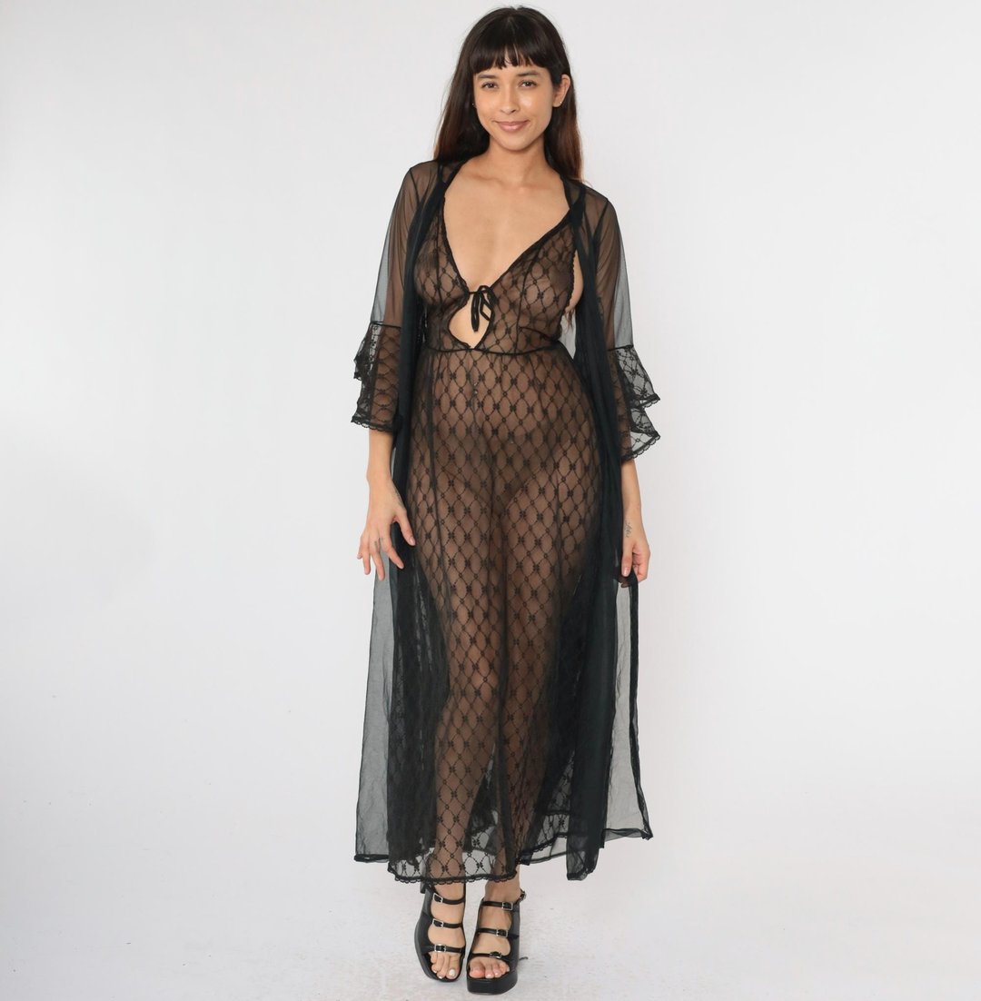 70s Sheer Black Lace Nightgown Set Vintage Strappy Open Back | Shop Exile | Tucson, AZ