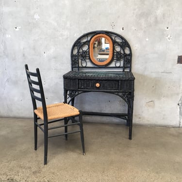 Vintage Rattan Vanity with Antique Chair | Urban Americana | Long Beach, CA
