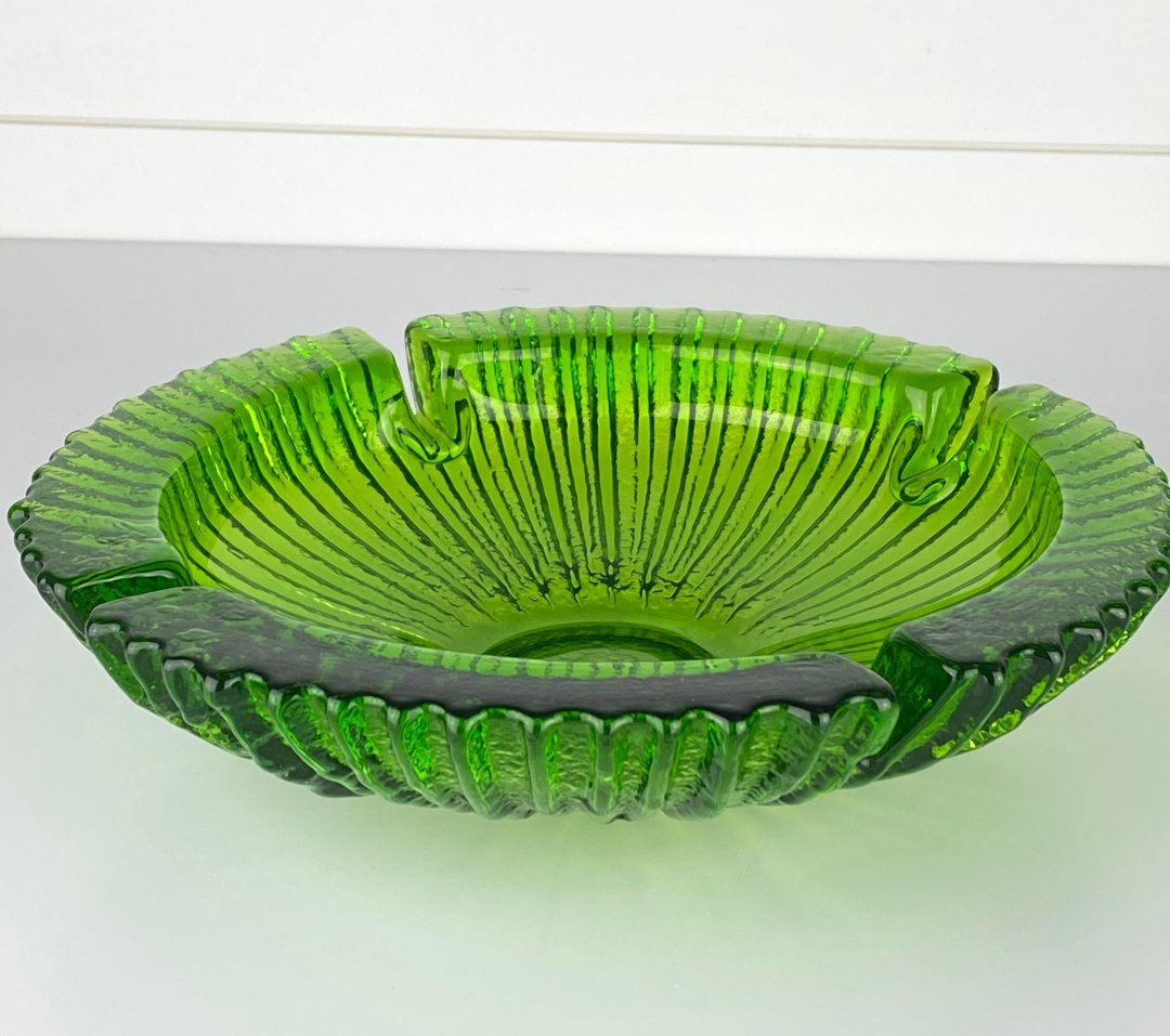 Vintage Blenko Large Art Glass Ashtray Ribbed Green Mid Century | House ...