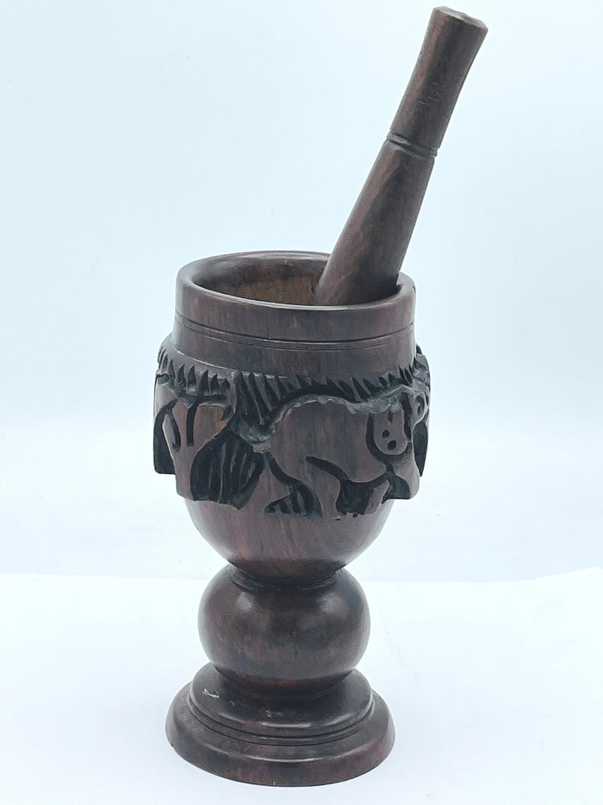 Vintage African Mortar and Pestle Ebony Wood-Features Elephant Rhino ...