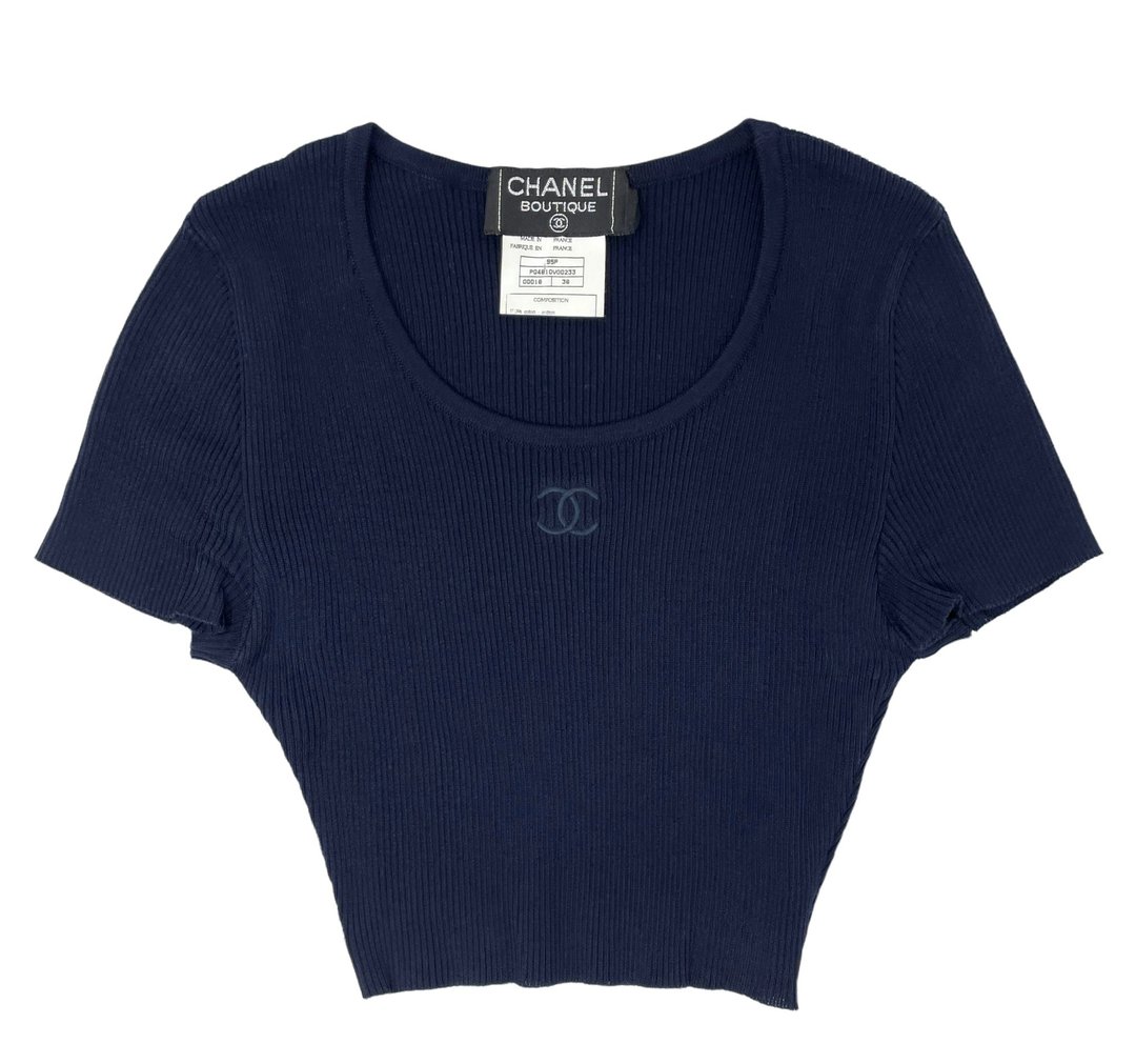 Chanel Navy Ribbed Logo Crop Top | Treasures of NYC | New York, NY