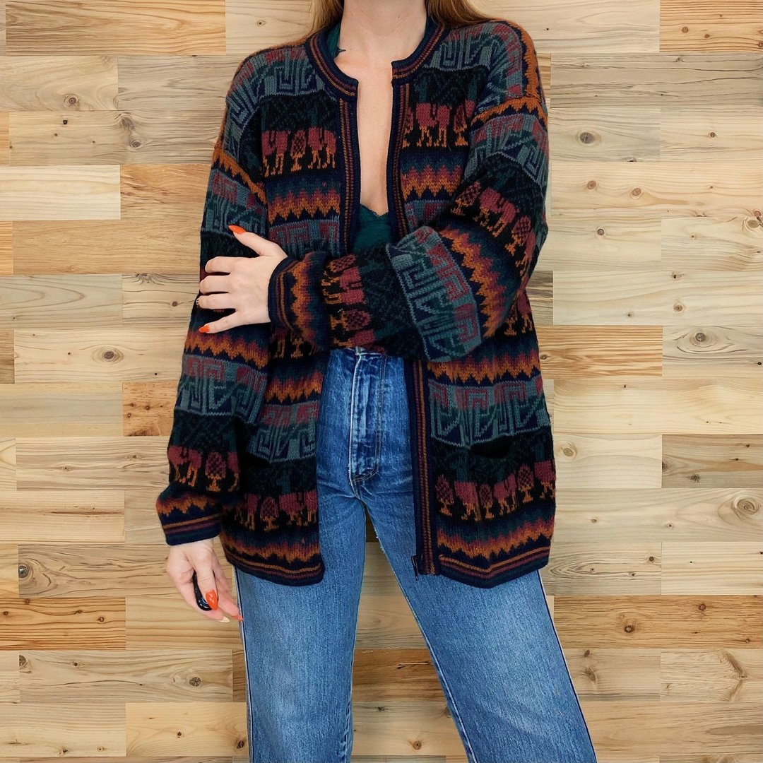 Vintage Hand Knit Peruvian Alpaca Zip Front Cardigan Sweater ...