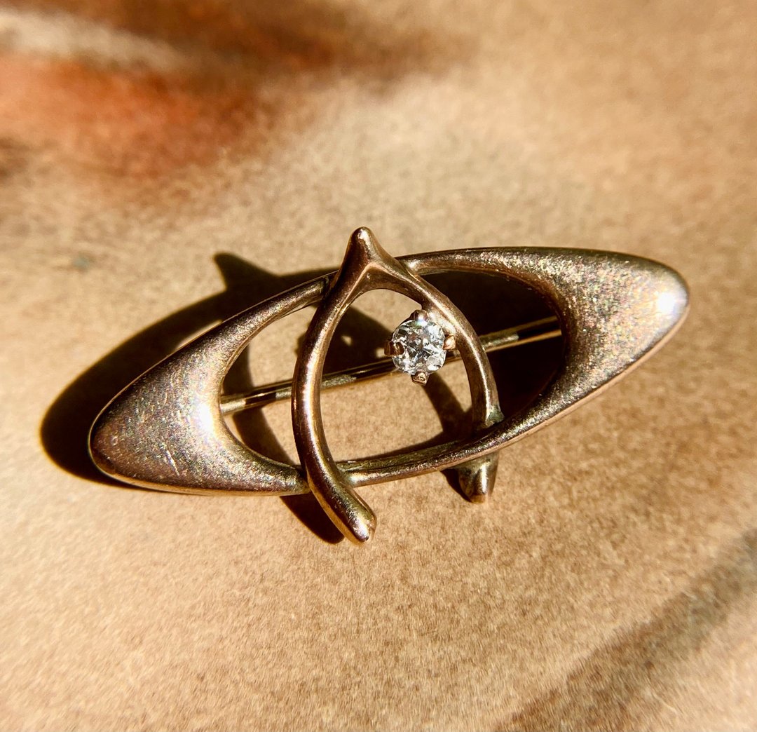 Antique 10K Rosy Gold Mine Cut Diamond Wishbone Brooch Art | Temple of ...