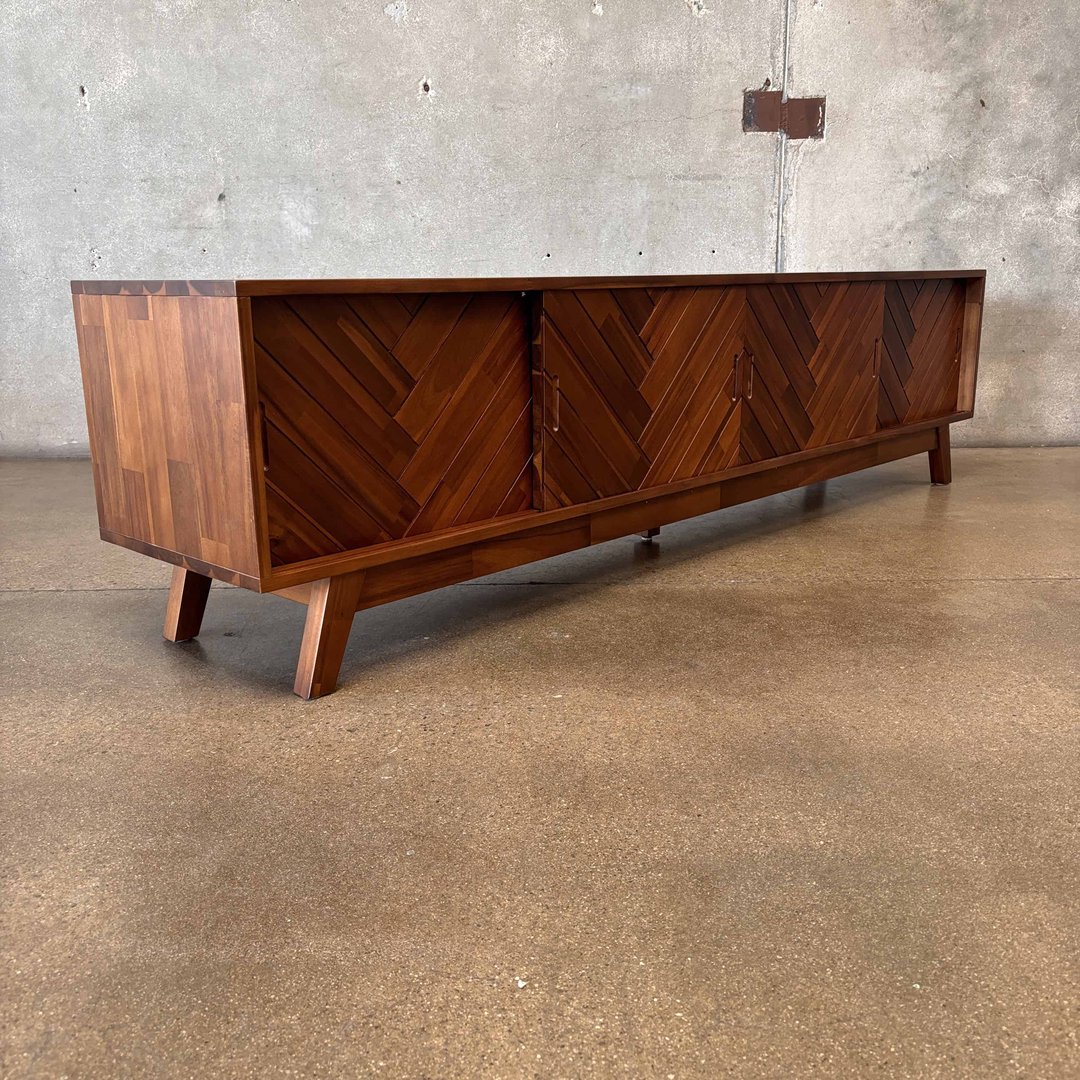 Herringbone Acacia Wood Low TV Console | Urban Americana | Long Beach, CA