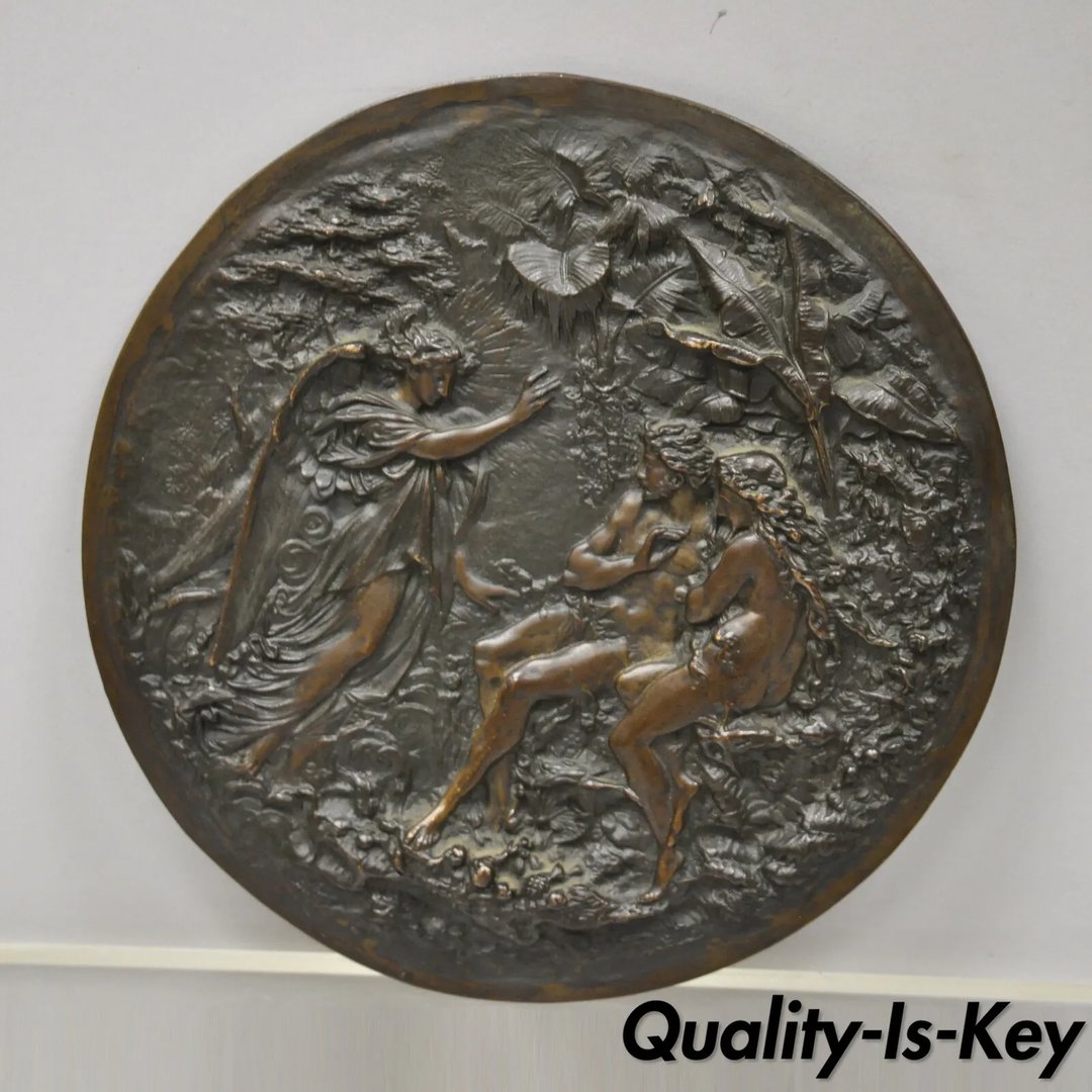 Antique 10" Round Figural Bronze Plaque Medallion Adam and Eve Garden ...
