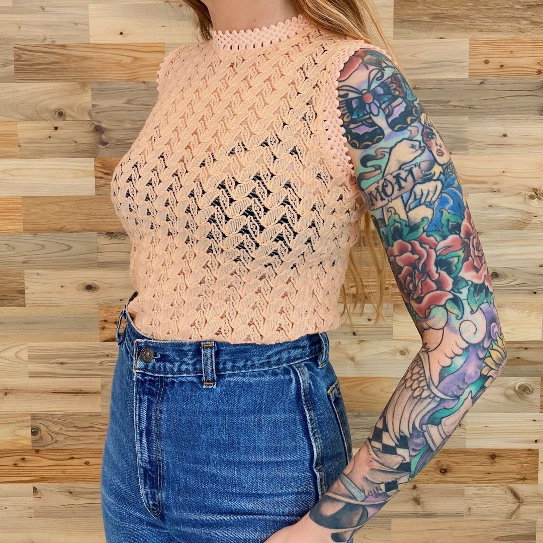 50's Delicate Peach Hand Knit Textured Sleeveless Blouse Top ...