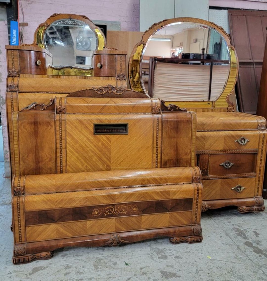 Antique Art Deco Leo Jiranek Satinwood Waterfall Bedroom Set 3 Vintage Grind House Chicago IL