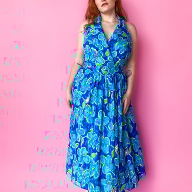 1980s Blue Illustrated Floral Halter Dress, sz. L | Lost Girls Vintage ...