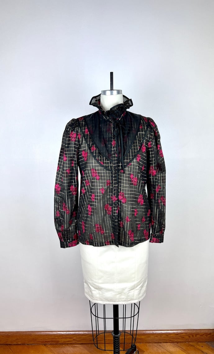 Vintage 80s Sheer Rose Ruffle Blouse / 1980s Gold Black Metallic ...