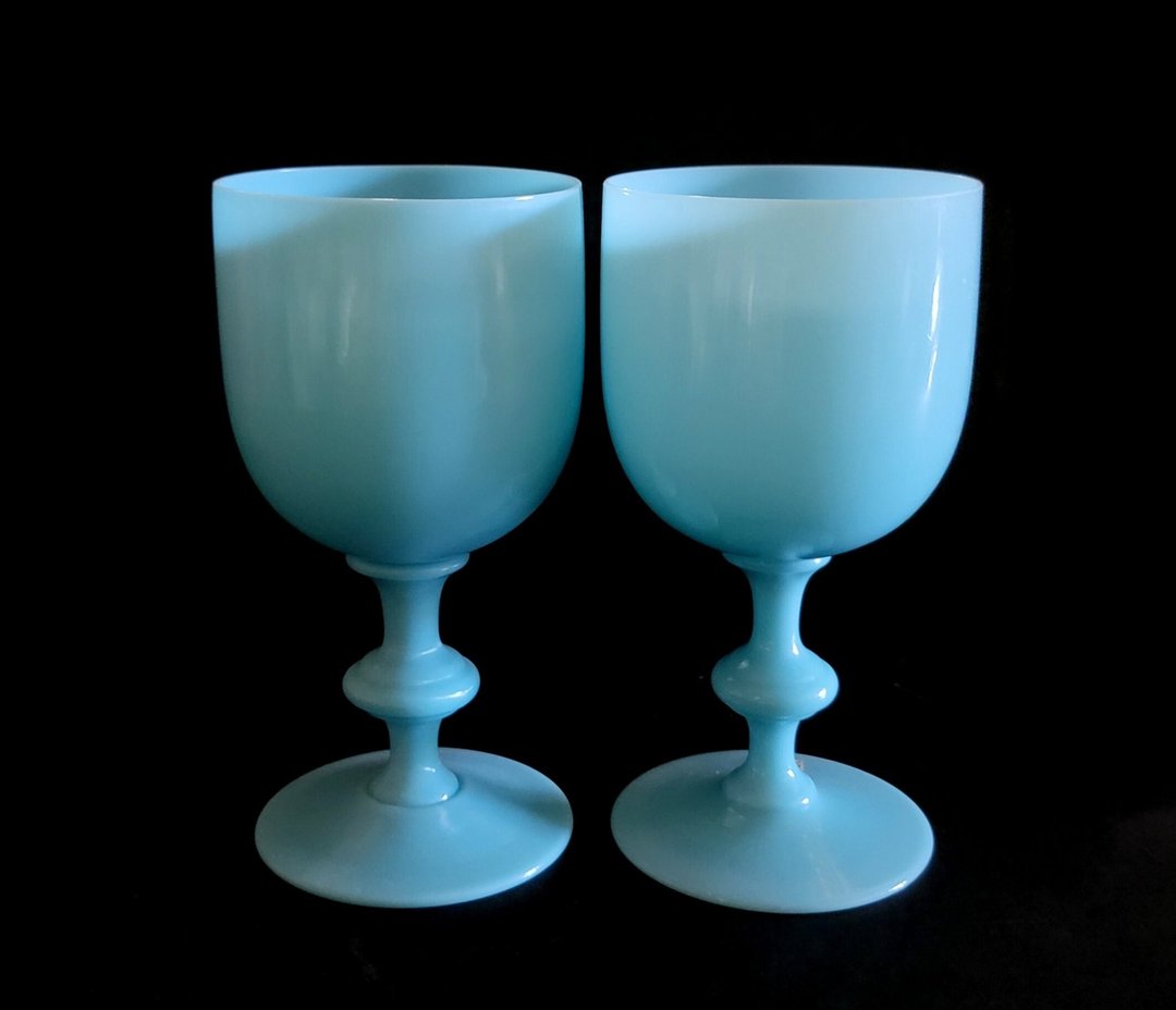 2 French Portieux Vallerysthal Blue Opaline Goblets /Wine Glasses ...