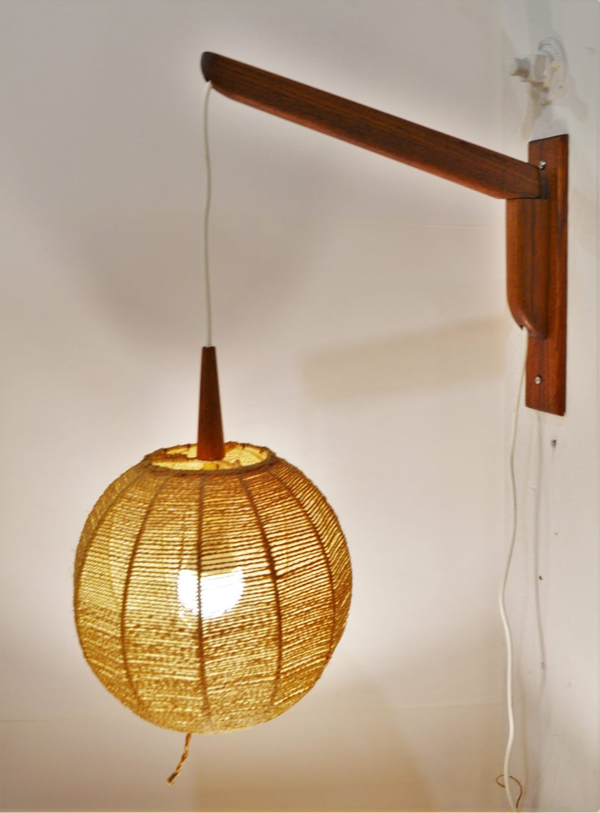 Teak Wall Arm Swivel Lamp w/ Jute Wrapped Globe Shade | Mid-Century ...