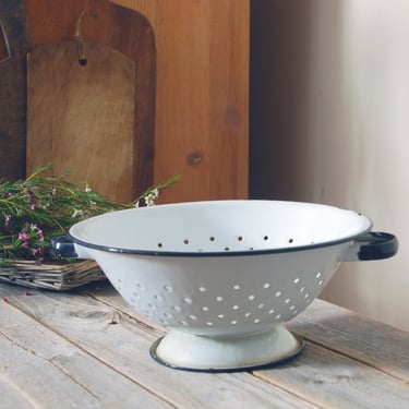 Vintage white & black enamel metal colander / vintage enamel ...