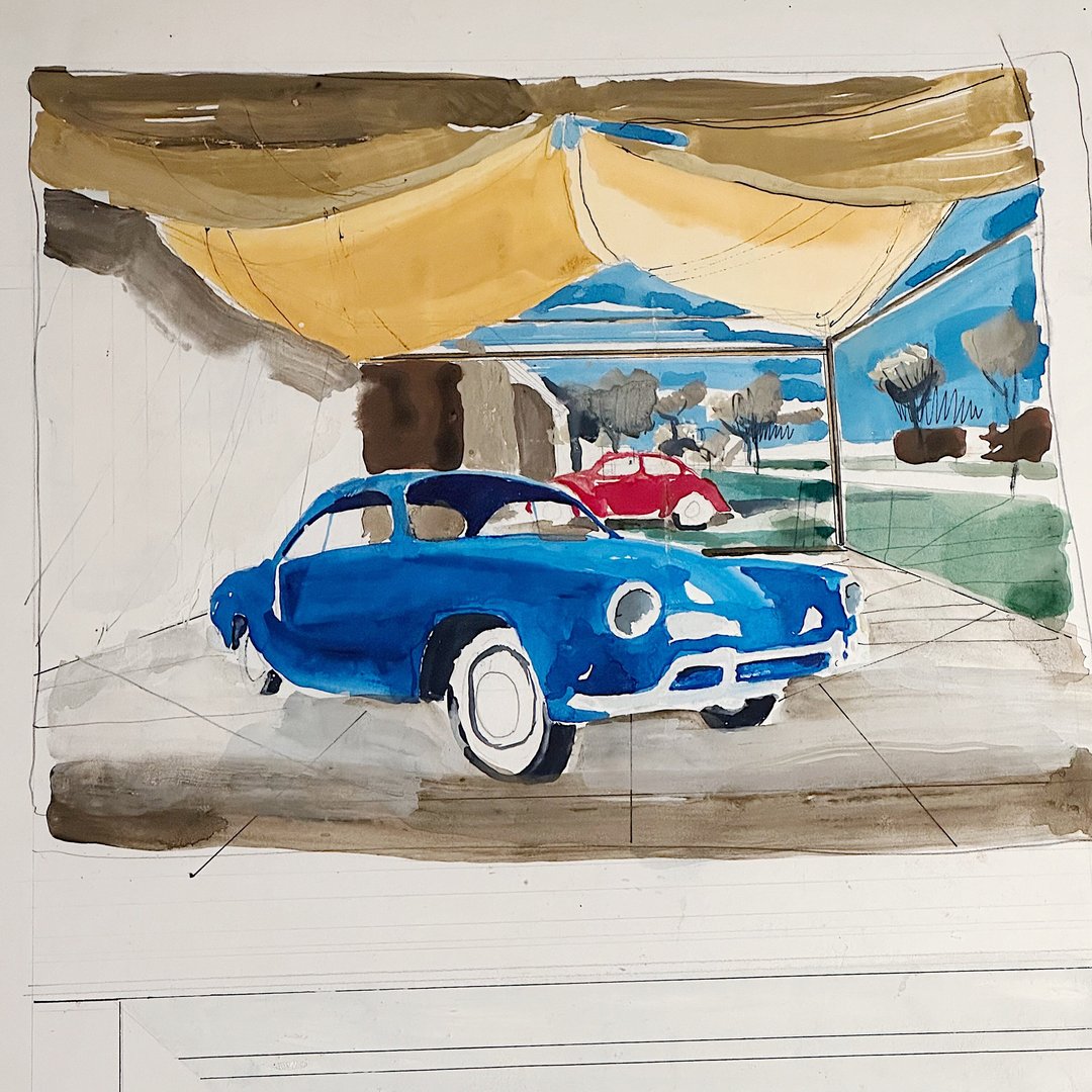 1960s Volkswagen Dealership Architectural Rendering with Hand Painted ...