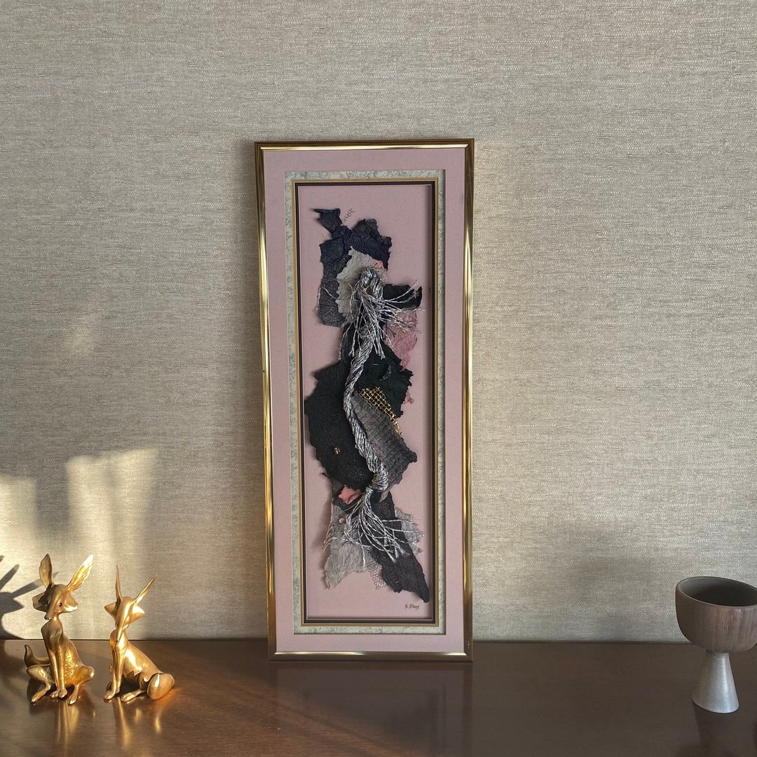 Midcentury Modern 1970’s mixed media pink green gold wall hanging ...