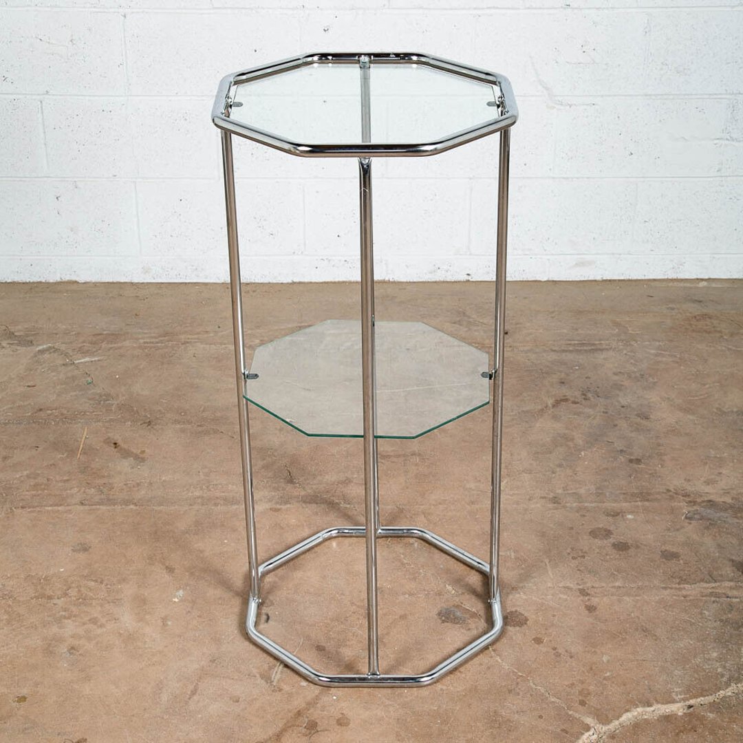 Mid Century Modern Display Table Pedestal Round Glass Chrome Milo ...