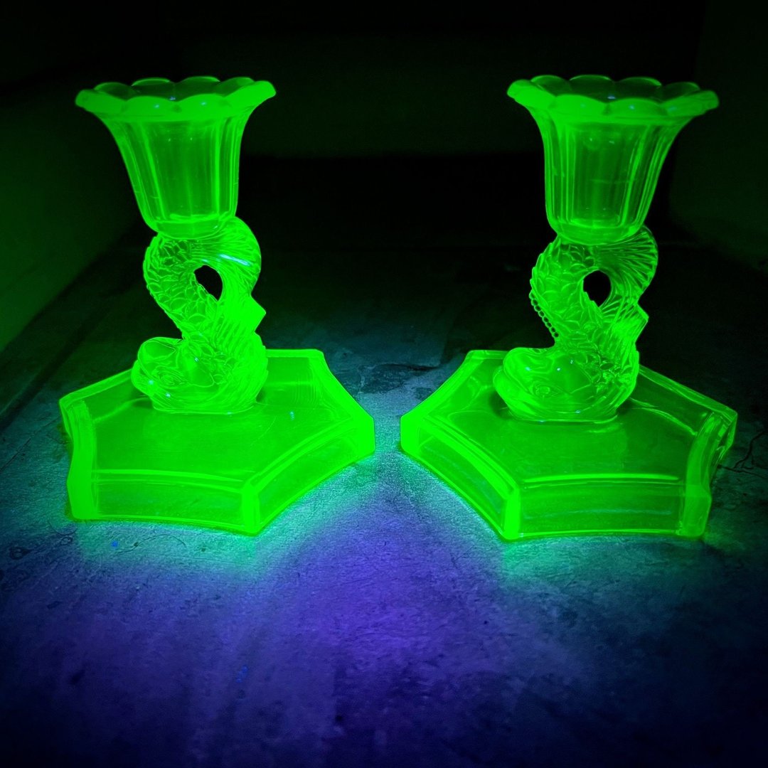 Vintage Westmoreland Glass Uranium Glass Dolphin Candlestick Holders ...