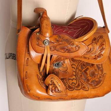 1970s Brown Leather Stamped Novelty Western Cowgirl Cowboy Saddle Purse ...