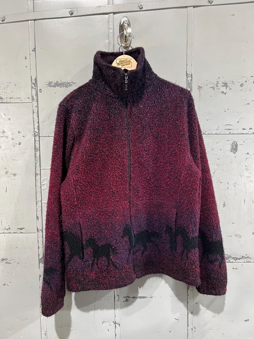 L 90s Horse fleece jacket full zip printed fleece red | Great Northern Vintage | Minneapolis, MN