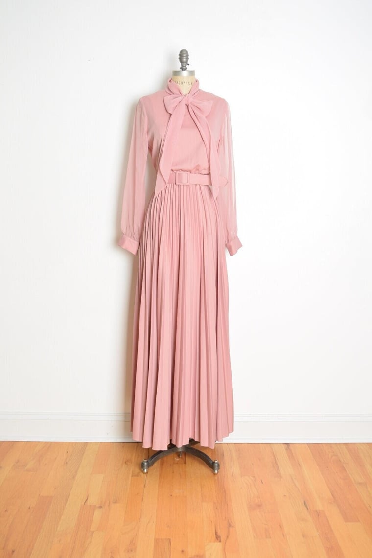 vintage 70s dress pink pleated ascot pussy bow secretary disco | Hunca ...