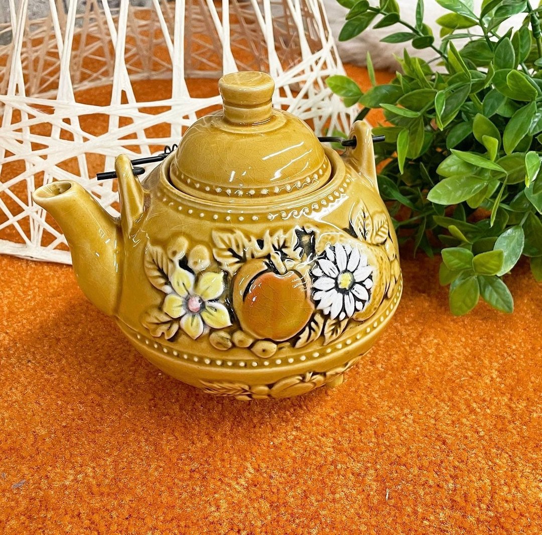 Vintage Teapot Retro 1970s Bohemian + Ceramic + Embossed Floral and ...