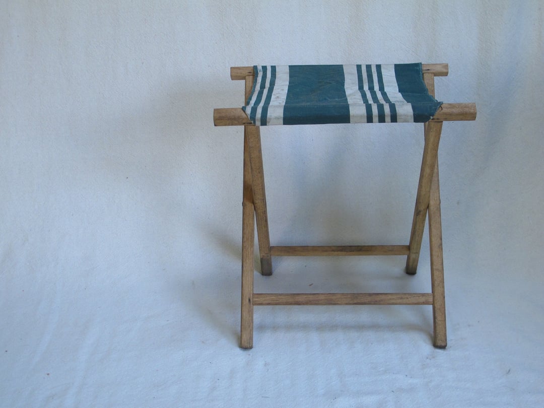 Vintage Camp Stool Striped Canvas Folding Stool Green Campfire Stool ...