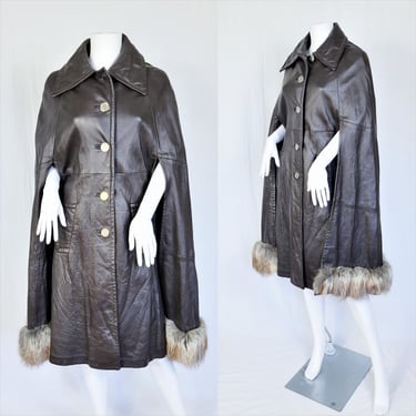 1970's Chocolate Brown Leather Long MOD Cape/Coat Fox Fur | Jelly Eyes ...