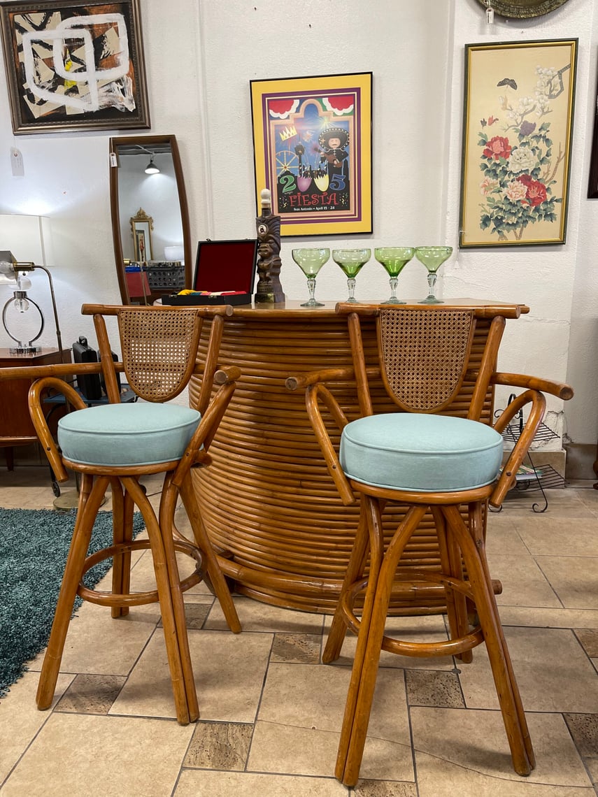 Vintage Stacked Rattan/Tiki Bar with Rattan/Cane Bar Stools | Urban ...