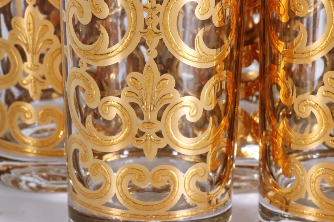 Georges Briard vintage glassware, 6 Gold Spanish scroll highball ...