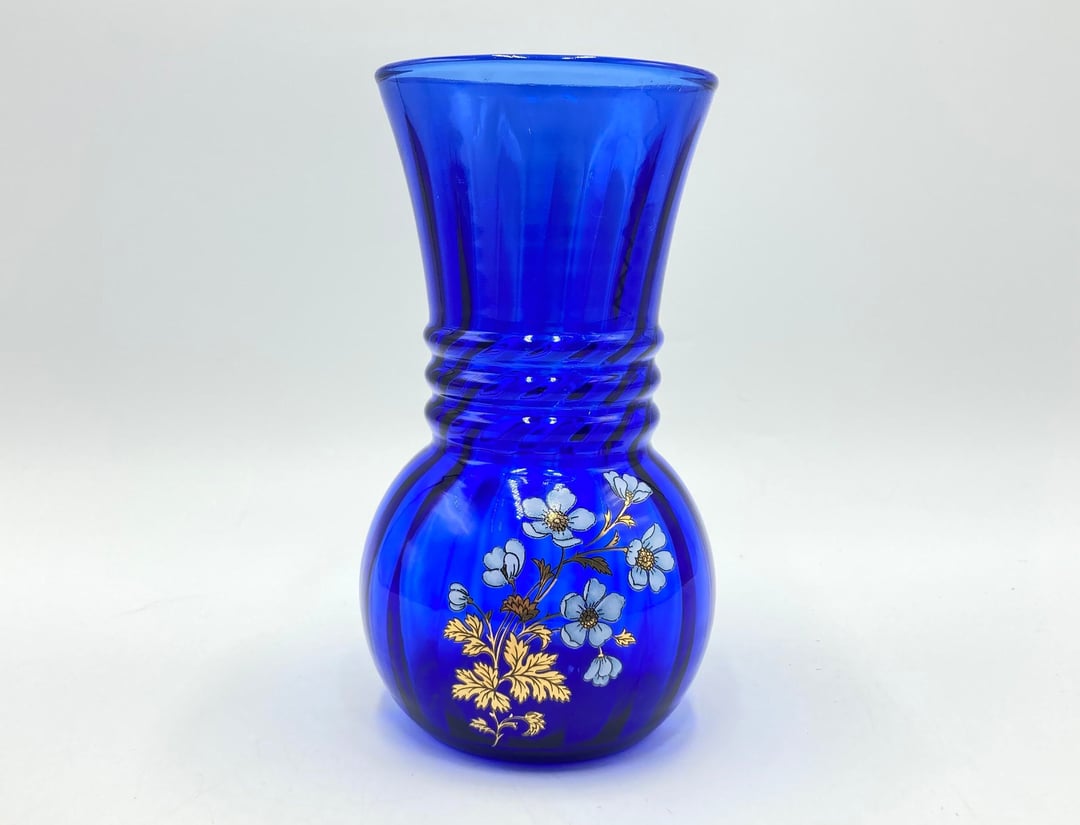 Vintage Hand Painted Blue Glass Vase, White and Gold Flowers | Tripod ...