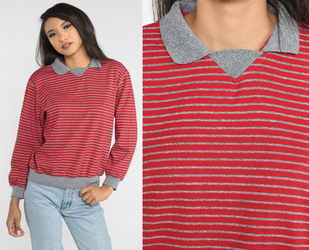 Striped Collared Sweatshirt 80s Red Preppy Sweatshirt Grey Collar Retro ...