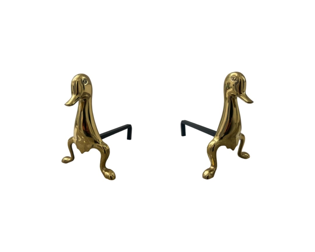 pair vintage mid century modern 1970s regency brass duck andirons ...