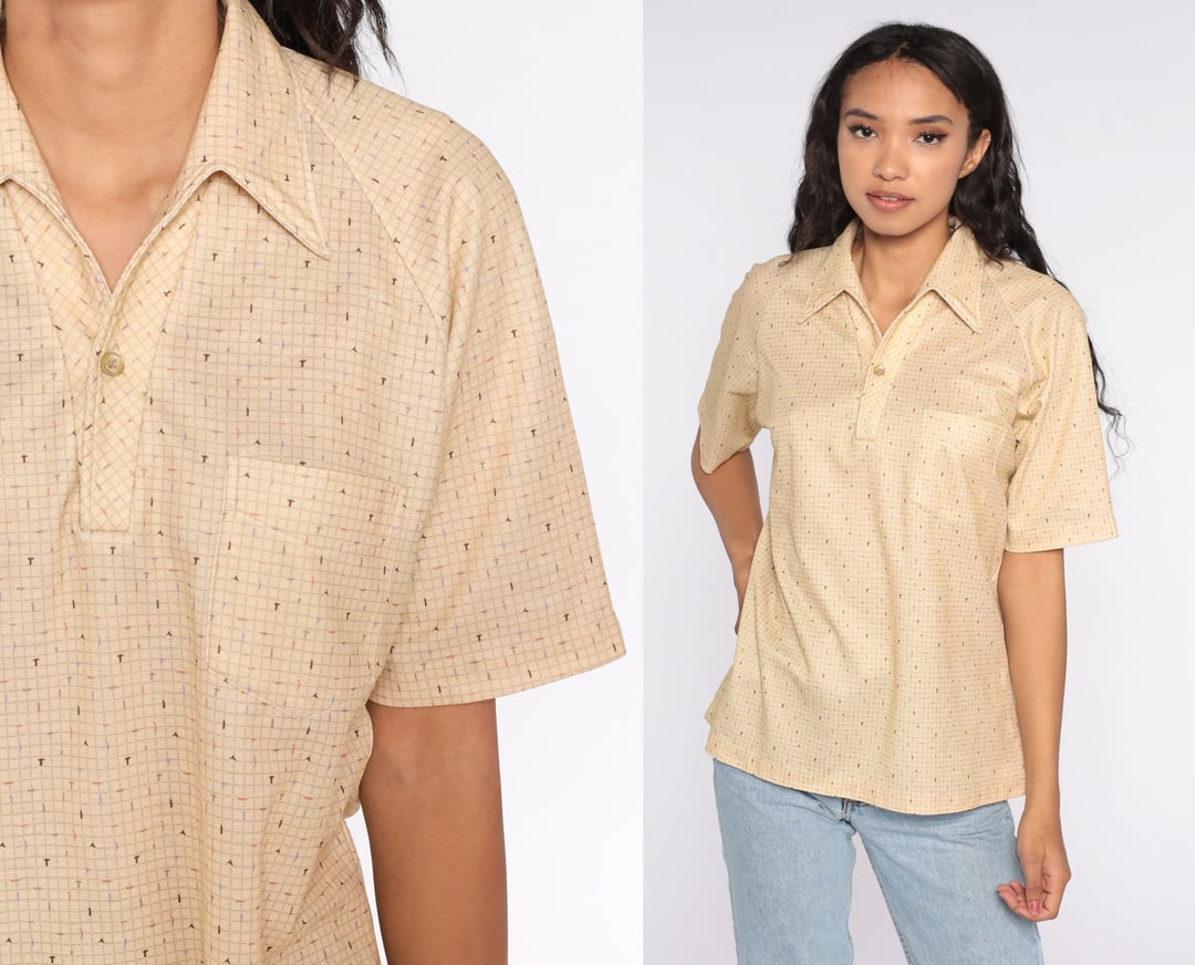 70s Polo Shirt Sand Colored Confetti Shirt Dagger Collar Button | Shop ...