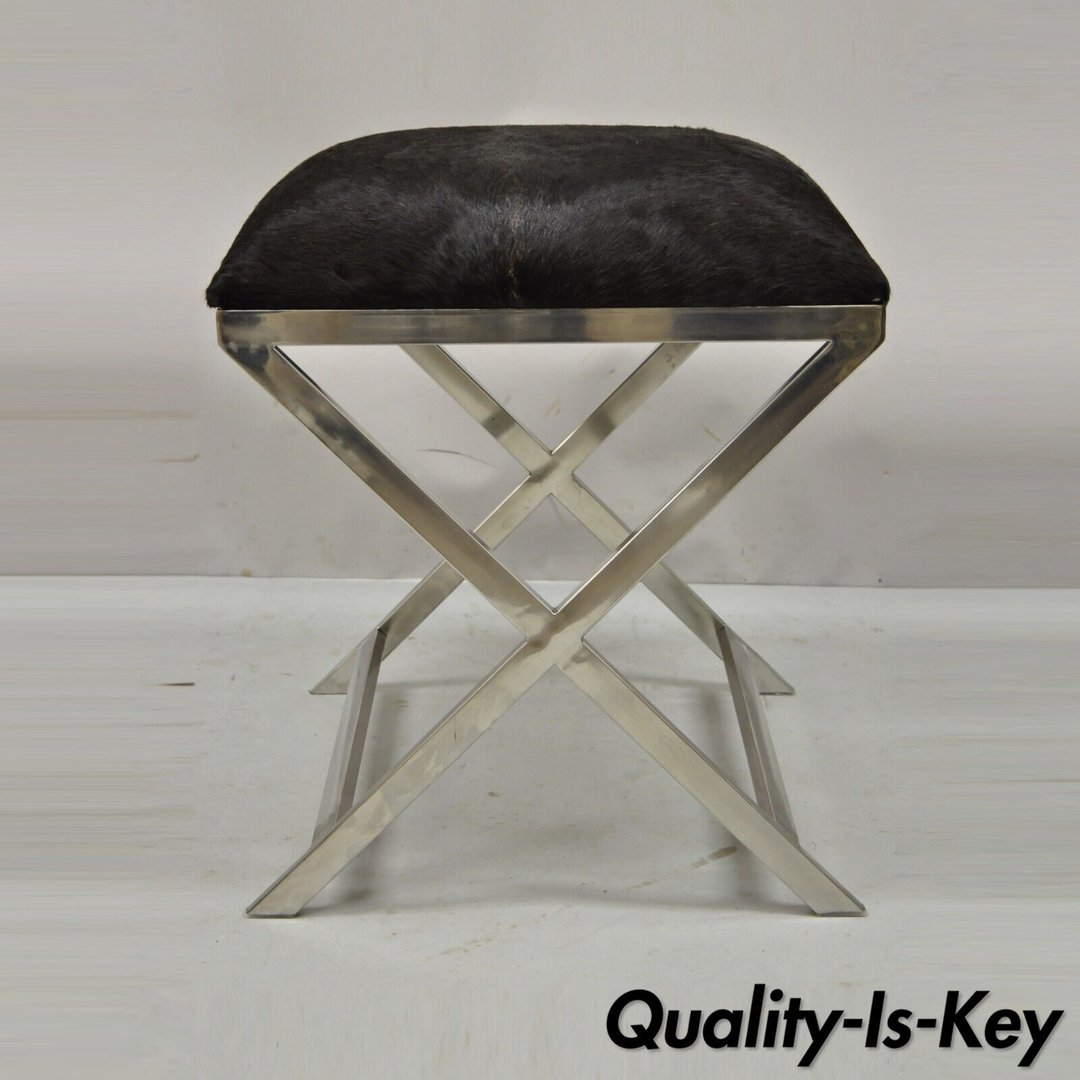 Modern Chrome Frame X-Frame Metal Stool with Cowhide Upholstery ...