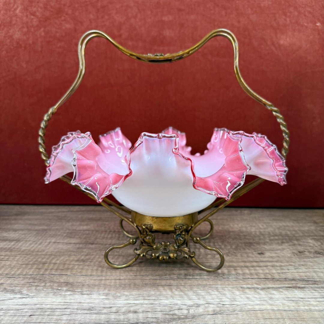 Van Bergh Co Victorian Pink Glass Basket Ornate Brass Display | Good ...