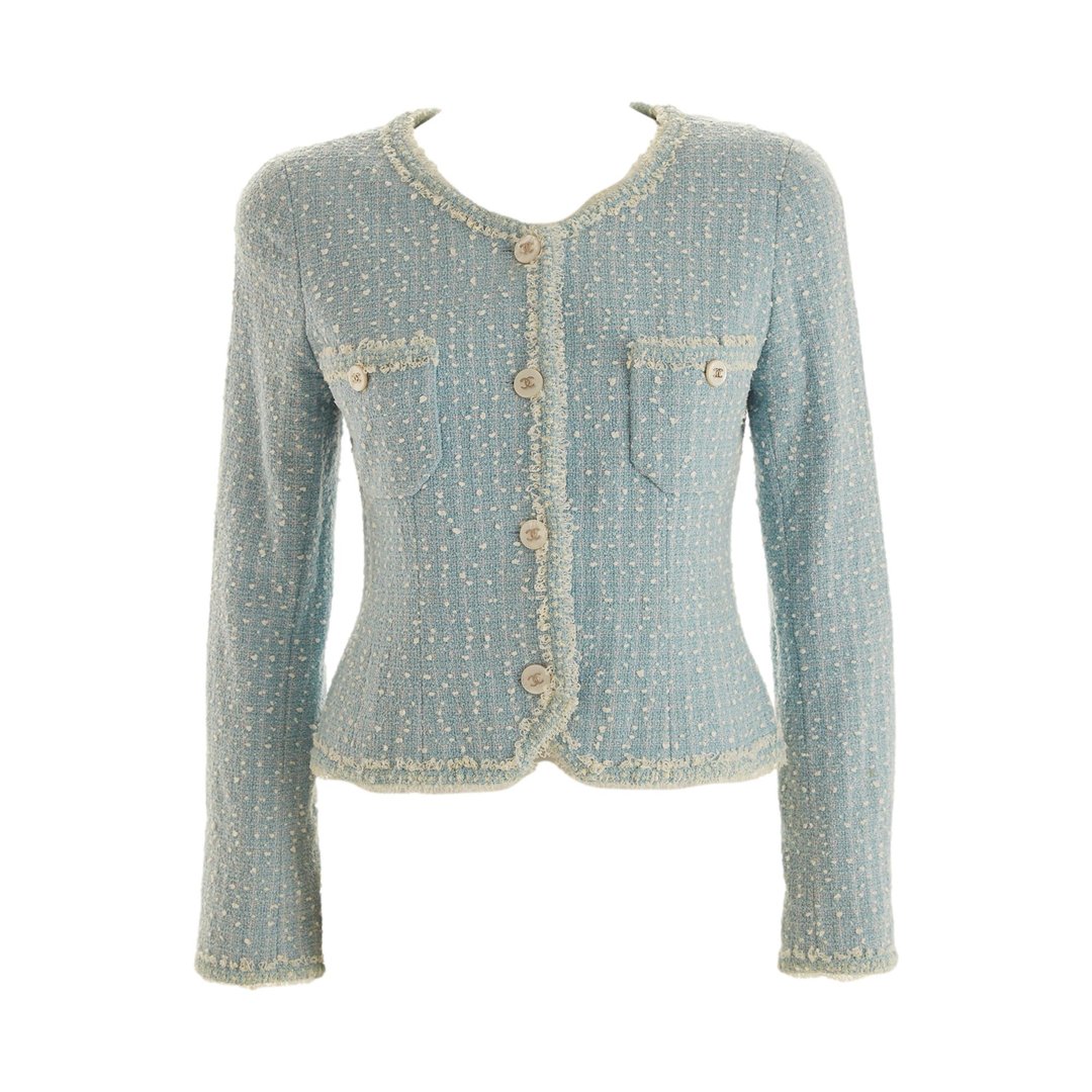 Chanel Baby Blue Logo Button Tweed Jacket | Treasures of NYC | New York, NY