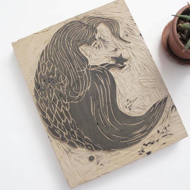 Vintage Carved Woodblock Angel Holding Star - Romantic Long Haired ...