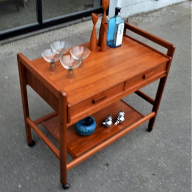 Teak Quality Console Table / Bar Cart w/ 2 Drawers & Shelf | Mid ...