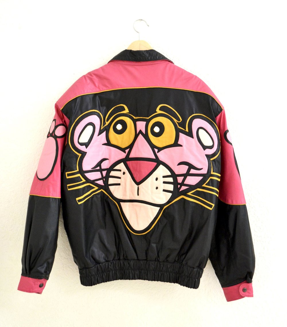 Vintage Black Leather Jacket with Pink Panther Jacket Pink Black// 90 ...