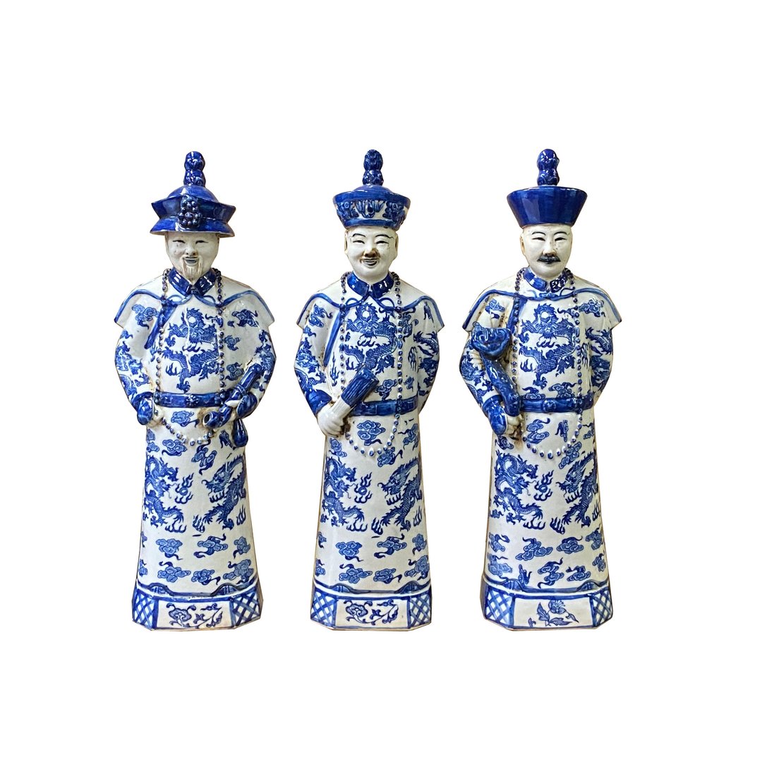 Chinese Blue White 3 Standing Ching Qing Emperor Kings Figure Set ...