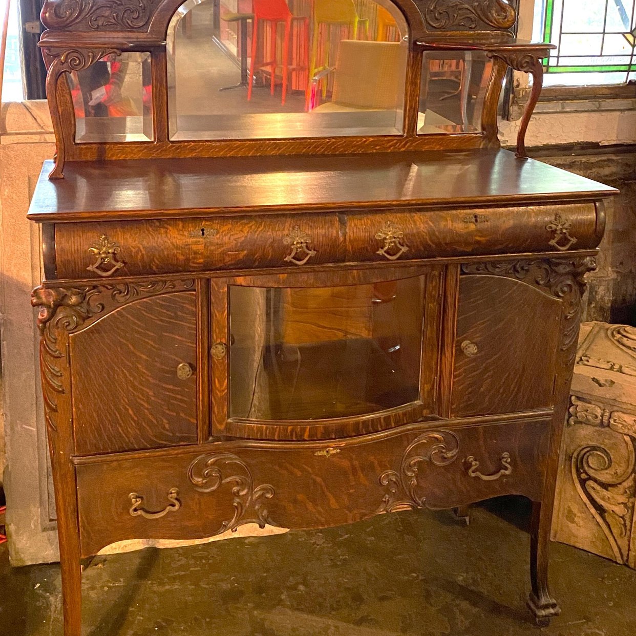 5 Door Carved Lion Head Dresser w Glass Center | Salvage One - Chicago ...