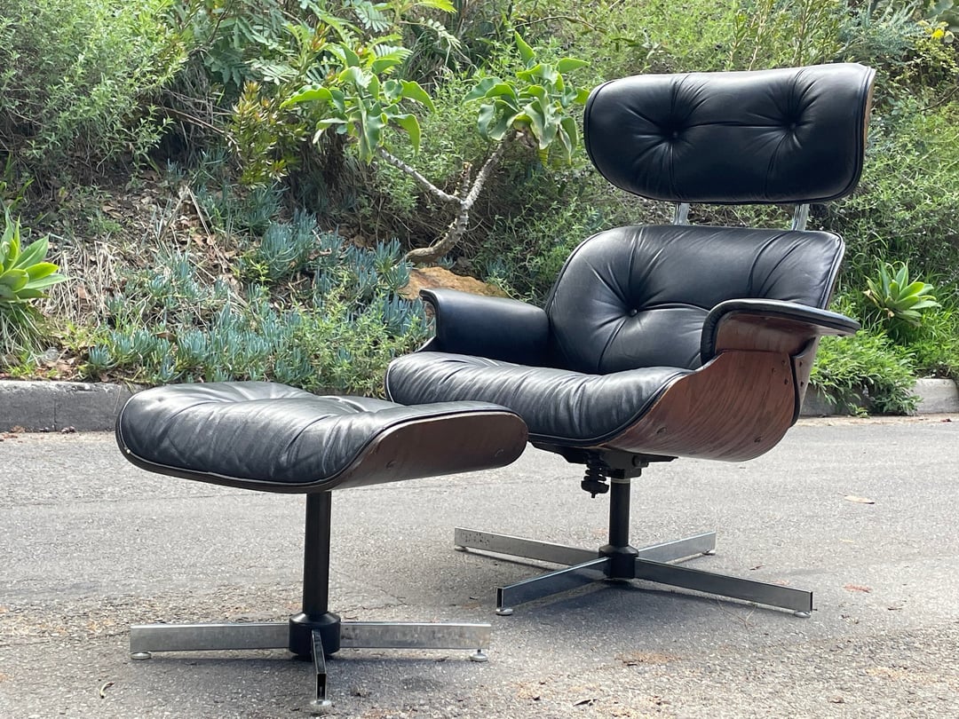 Mid Century Plycraft Selig Leather & Rosewood Lounge Chair and Ottoman ...