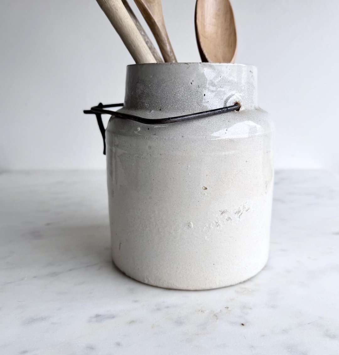 Antique Crock Beige Stoneware Crock Pottery Farmhouse Kitchen Utensil ...